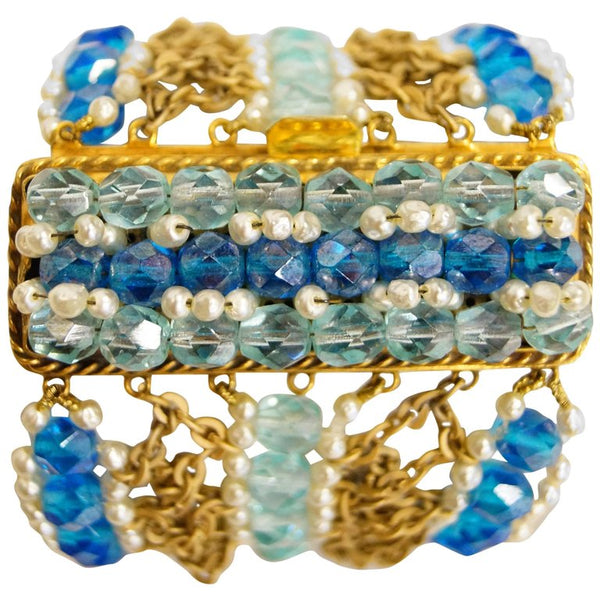 1960s Coppola e Toppo Blue Crystal and Pearl Bronze Bracelet 1960s Coppola e Toppo Blue Crystal and Pearl Bronze Bracelet