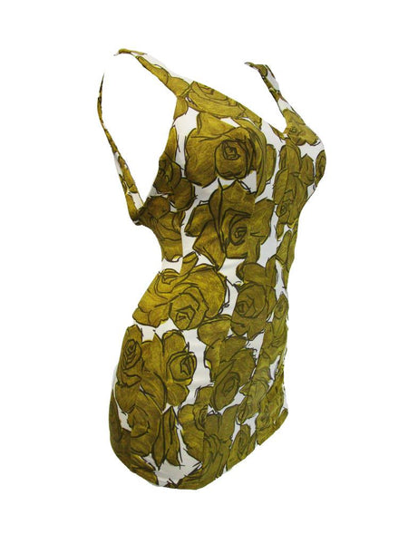 1950's Rose Marie Reid White and Gold Cotton Floral Bathing Suit - MRS ...